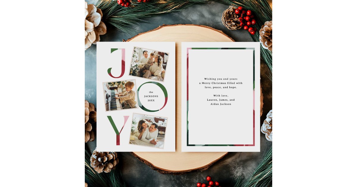 Modern Joy Typography Christmas 3-Photo Snapshots Holiday Card | Zazzle