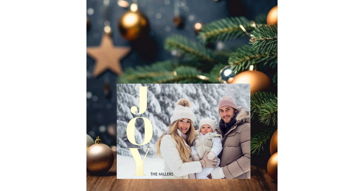Modern Joy Typography Minimal 1 Photo Tartan Plaid Foil Holiday ...