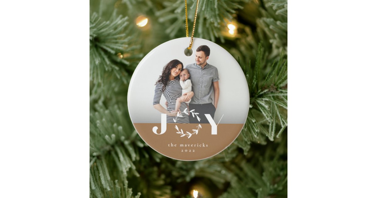 Modern Joy Wreath Photo Holiday Christmas Ceramic Ornament | Zazzle