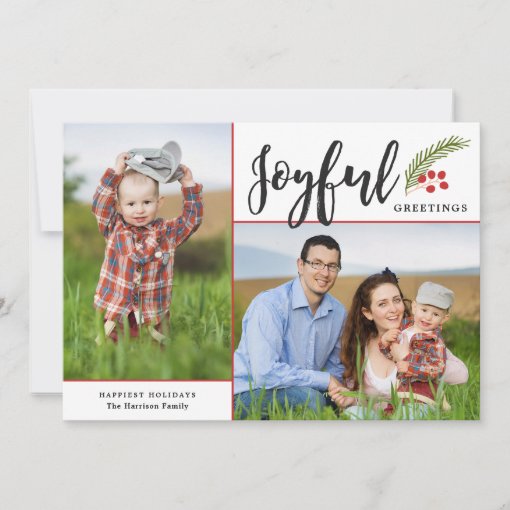 Modern Joyful Greetings Two Photo White Holiday Card | Zazzle