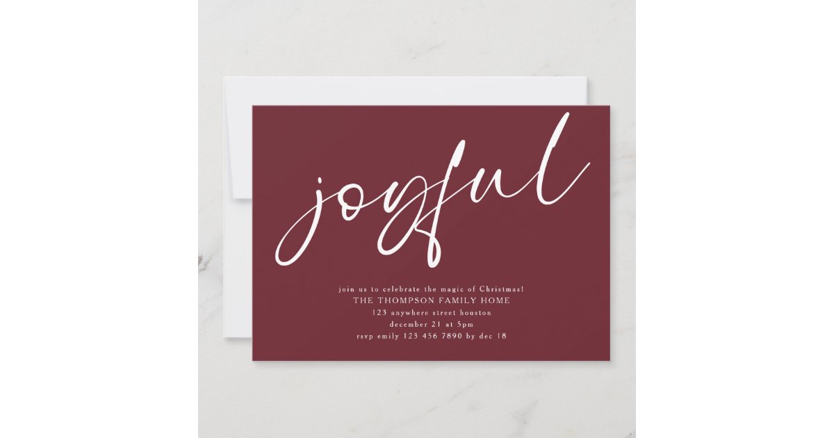 Modern Joyful Script Christmas Party Burgundy Invitation | Zazzle
