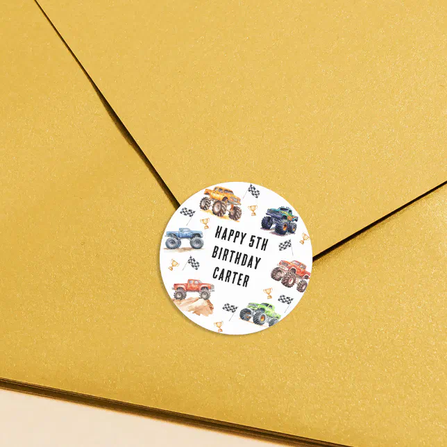 Modern Kids Monster Trucks Birthday Party Classic Round Sticker | Zazzle