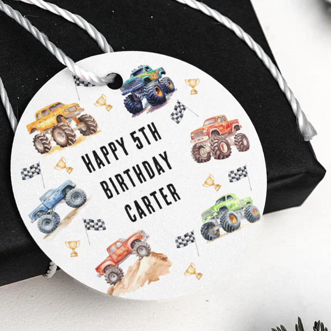 Modern Kids Monster Trucks Birthday Party Favor Tags | Zazzle