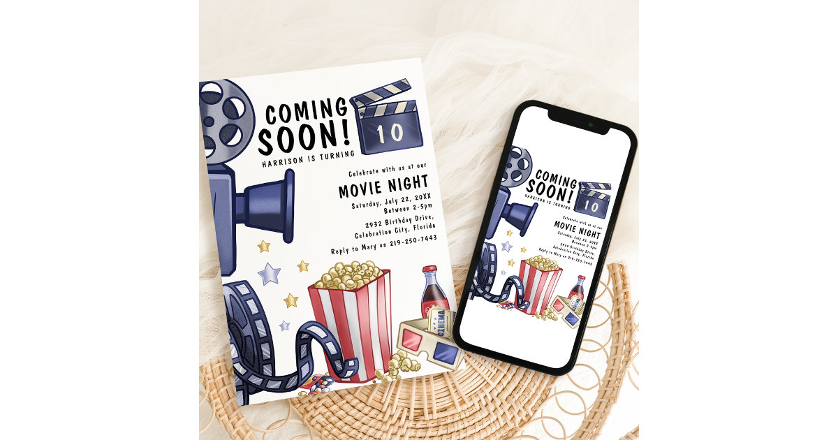 Modern Kids Movie Night Birthday Party Invitation | Zazzle