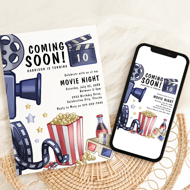 Modern Kids Movie Night Birthday Party Invitation | Zazzle