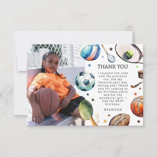 Modern Kids Sports Birthday Party Thank You Card | Zazzle