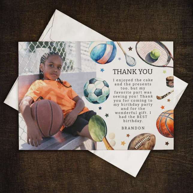 Modern Kids Sports Birthday Party Thank You Card | Zazzle