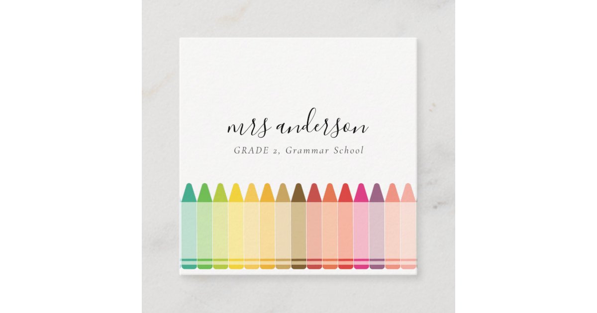 Modern Kids Teacher Colorful Rainbow Crayon Colors Square Business Card ...
