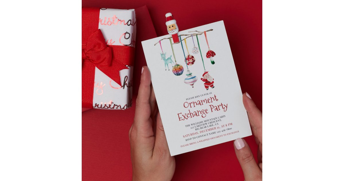 Modern Kitsch Watercolor Ornament Exchange Party Invitation | Zazzle