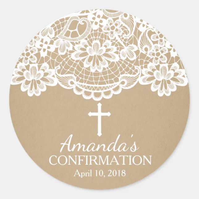 Modern Kraft Vintage Lace Confirmation Sticker | Zazzle