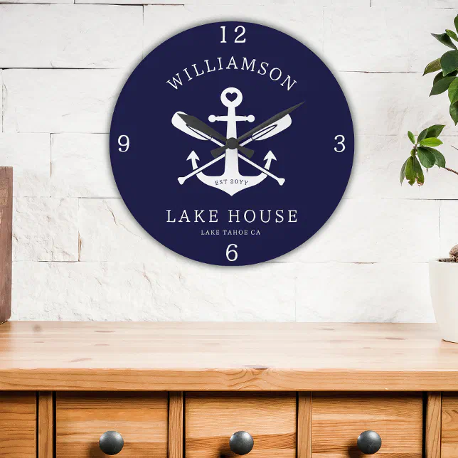 Modern Lake House Family Name Nautical Navy Blue Large Clock | Zazzle
