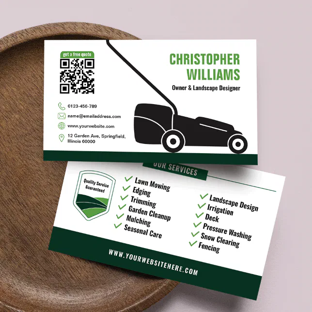 Modern Landscaping Lawn Mowing White Green QR Code Business Card | Zazzle