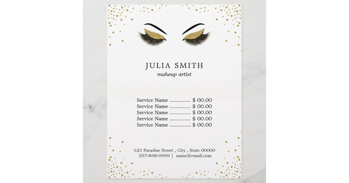 Modern Lashes with Gold Glitter Makeup Artist Flyer | Zazzle