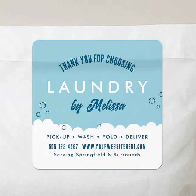 Modern Laundry Service Blue & White Thank You Square Sticker | Zazzle