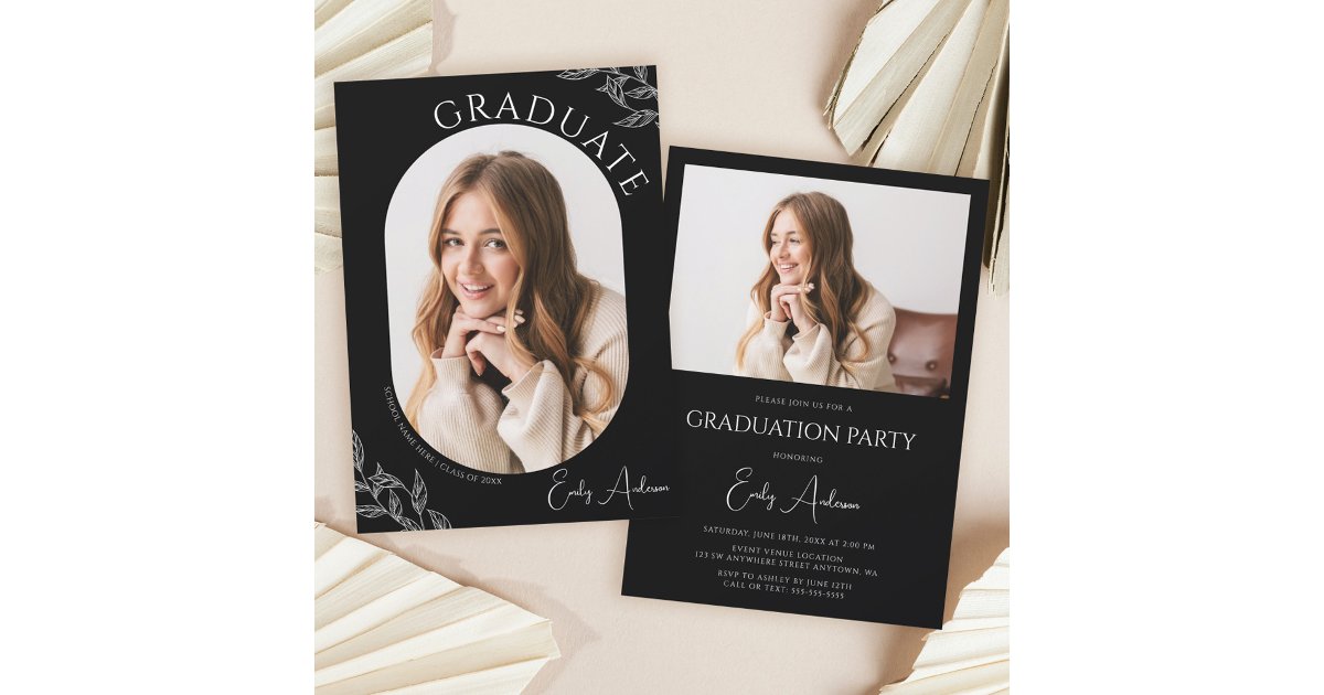 Modern Leaf Black 2 Photo Graduation Party Invitation | Zazzle