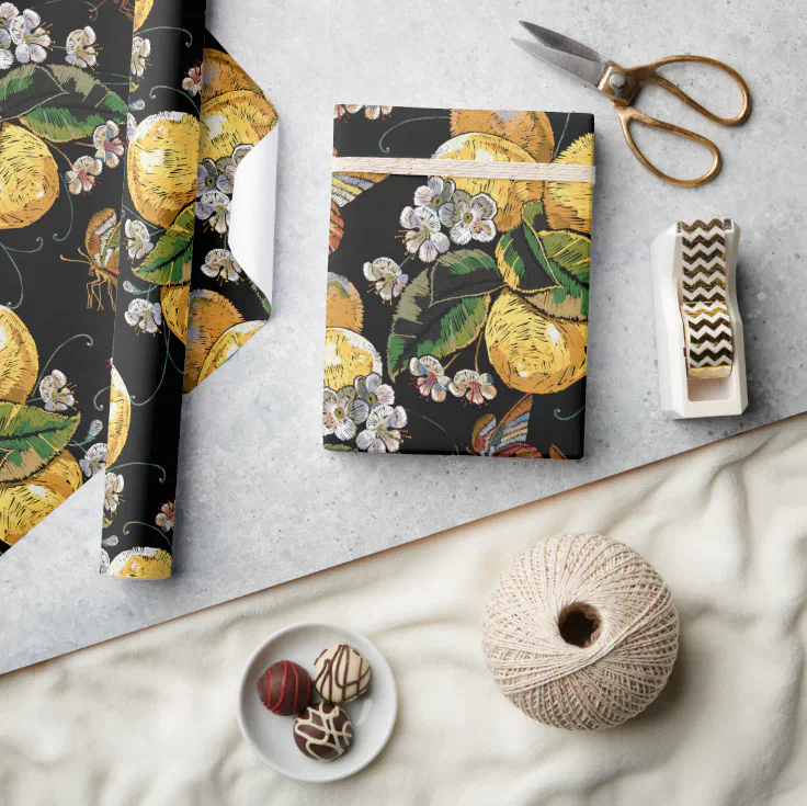 Modern Lemon Citrus Floral Butterfly Pattern Wrapping Paper | Zazzle