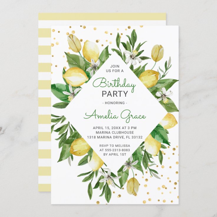 Modern Lemon Citrus Mediterranean Birthday Party Invitation | Zazzle