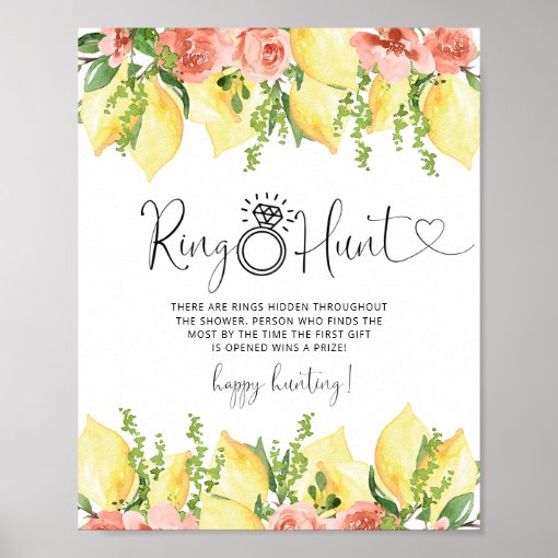 Modern Lemon Floral Ring Hunt Bridal Shower Game Poster | Zazzle
