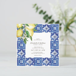 Modern Lemon Foliage Blue Mediterranean Wedding Invitation | Zazzle