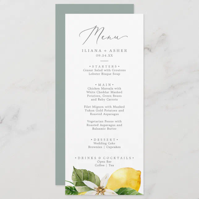Modern Lemon Garden Wedding Dinner Menu | Zazzle
