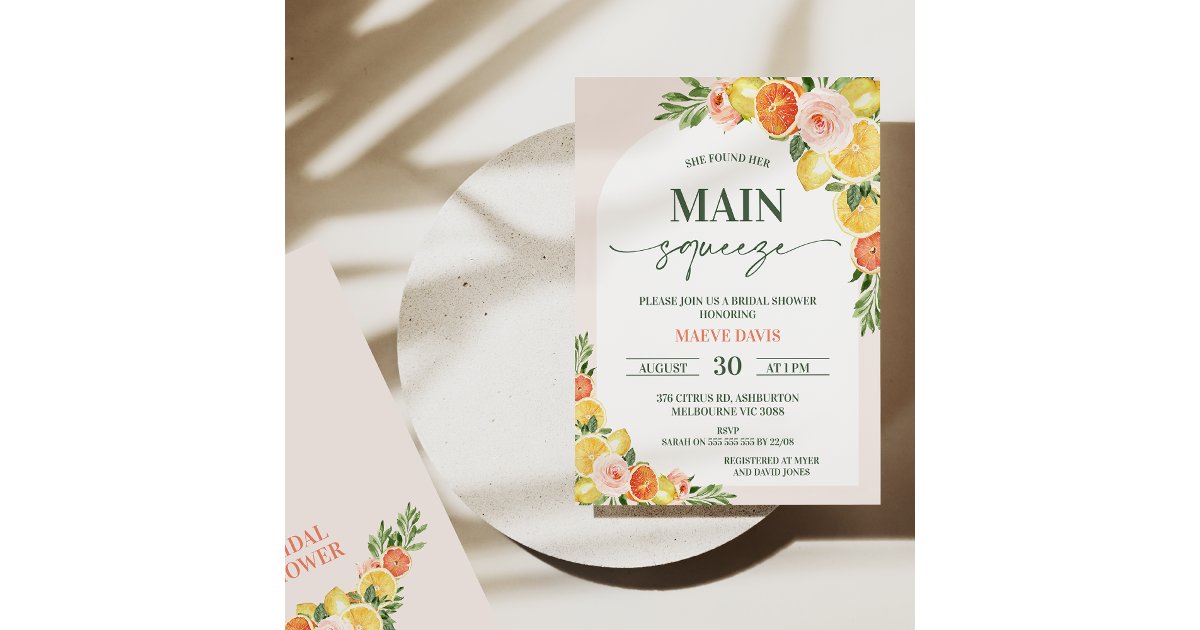 Modern Lemons Oranges Main Squeeze Bridal Shower Invitation | Zazzle