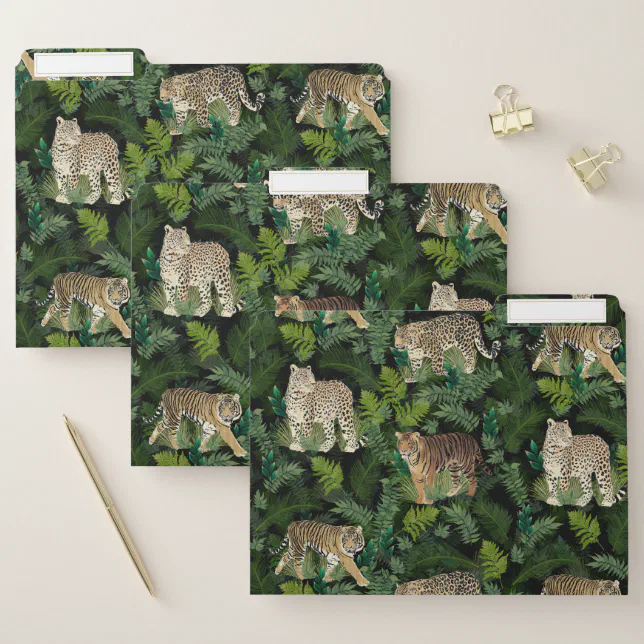 Modern Leopards Tigers Jungle Plants Black Design File Folder | Zazzle
