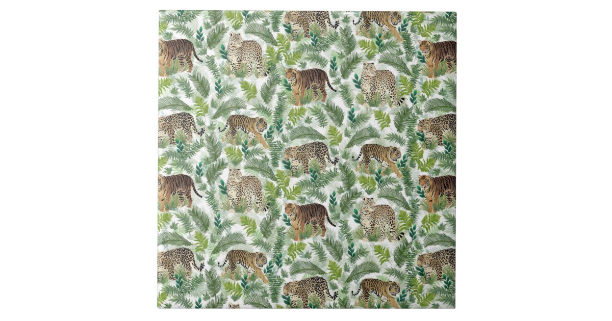Modern Leopards Tigers Jungle Plants Ceramic Tile | Zazzle