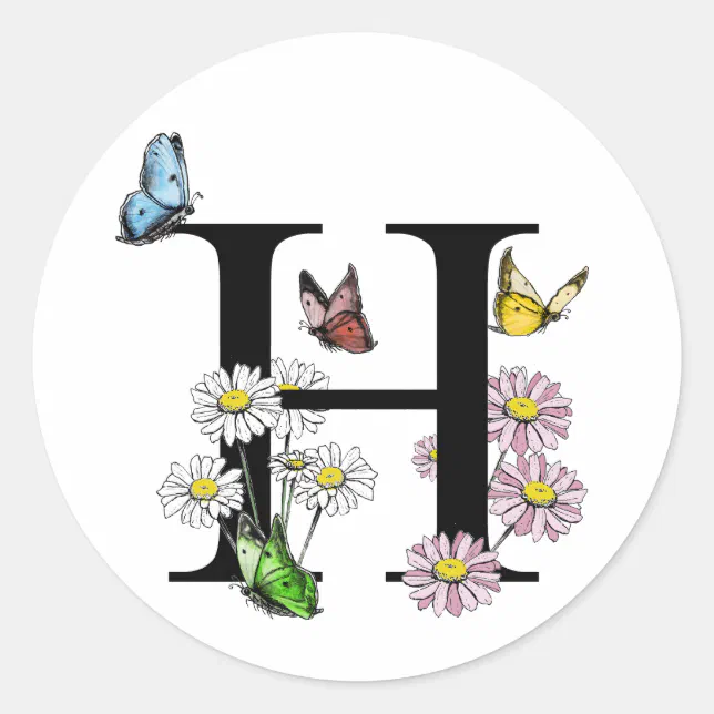 Modern Letter H Garden Butterfly Monogram Classic Round Sticker | Zazzle