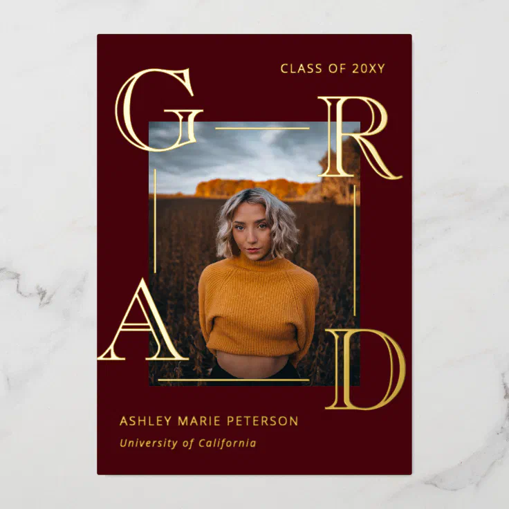 Modern Letters Grad Burgundy Gold Photo Graduation Foil Invitation | Zazzle