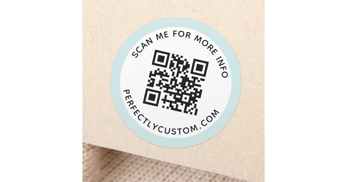 Modern light aqua blue border QR code and text Classic Round Sticker ...