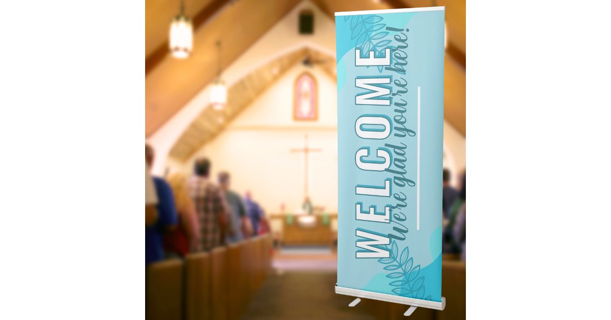 Modern Light Blue Leaves Church Welcome Glad Retractable Banner | Zazzle