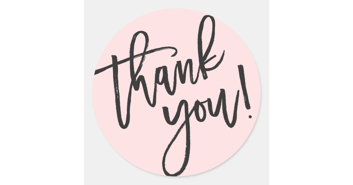 Modern light pink black brush script thank you classic round sticker ...