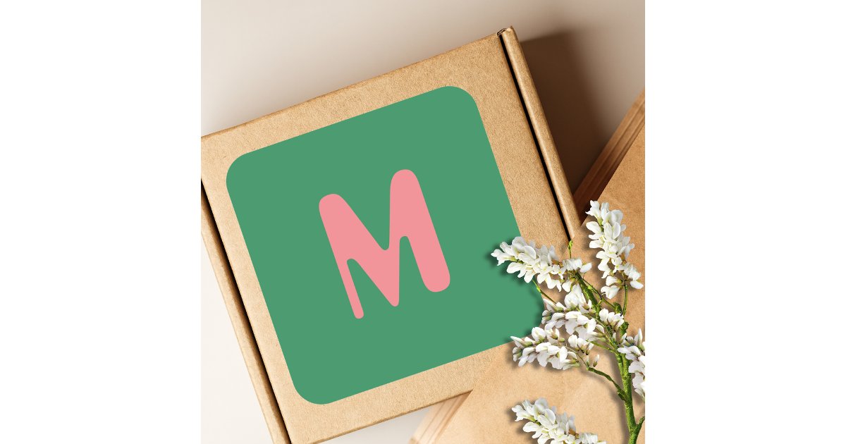 Modern Light Pink Initial Letter | Seaweed Green Square Sticker | Zazzle