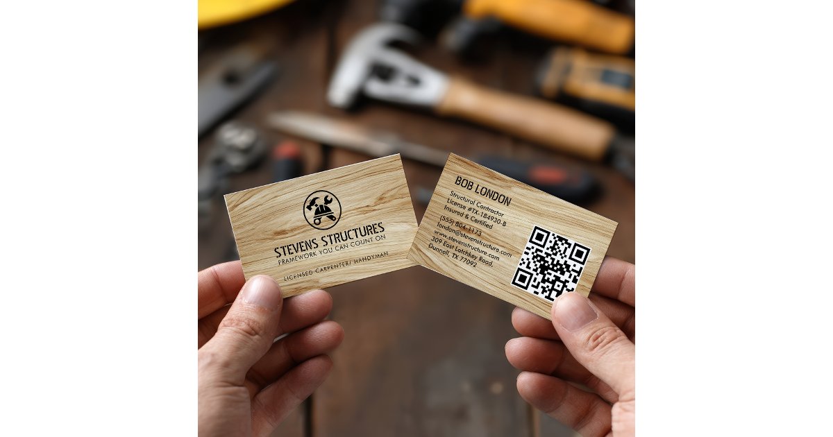 Modern light Wood Construction QR Code Contractor Business Card | Zazzle