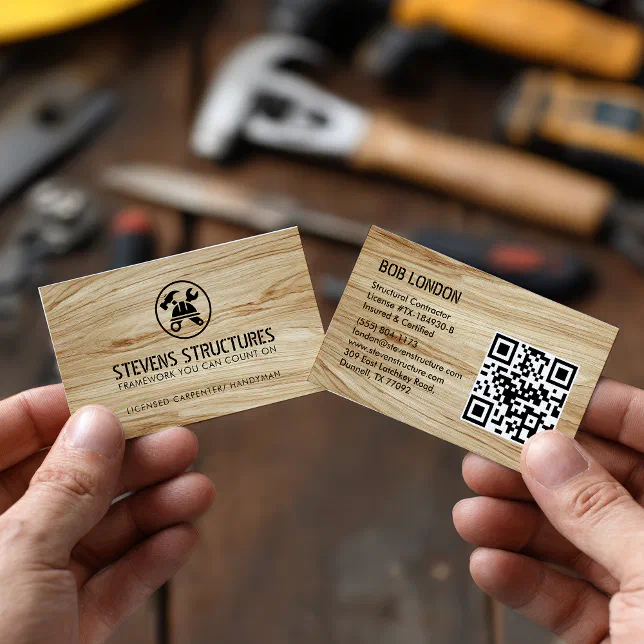 Modern light Wood Construction QR Code Contractor Business Card | Zazzle