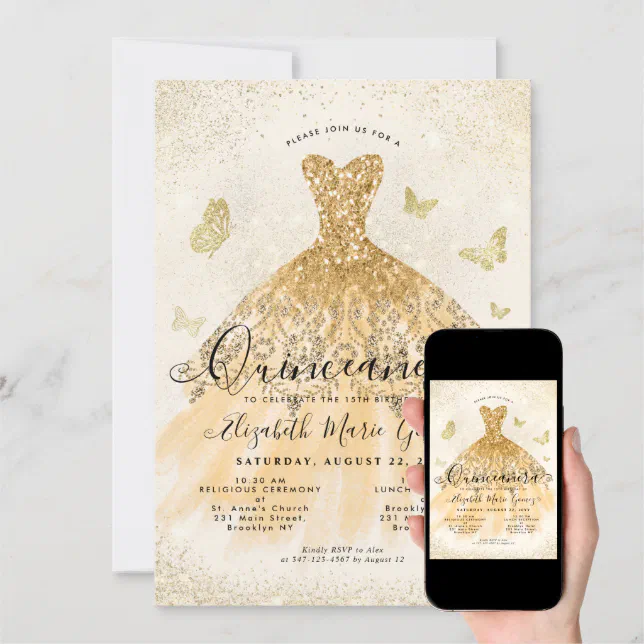 Modern Light Yellow Gold Glitter Gown Quinceanera Invitation | Zazzle