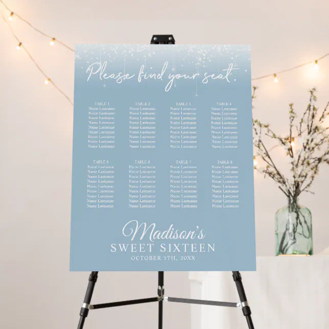 Modern Lights Dusty Blue Sweet 16 Seating Chart Foam Board | Zazzle