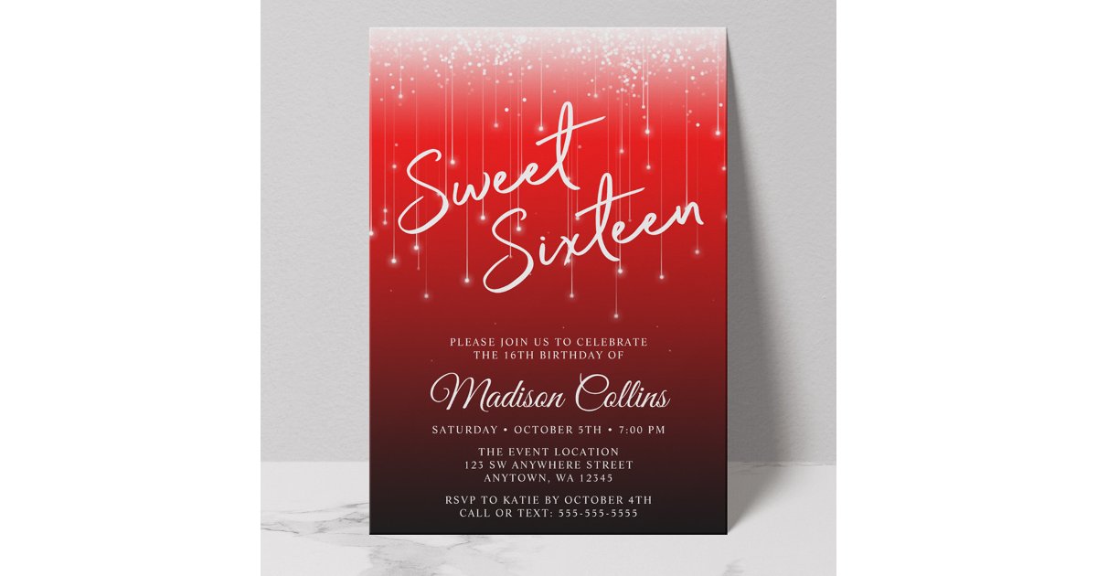 Modern Lights Red Black Sweet 16 Invitation | Zazzle