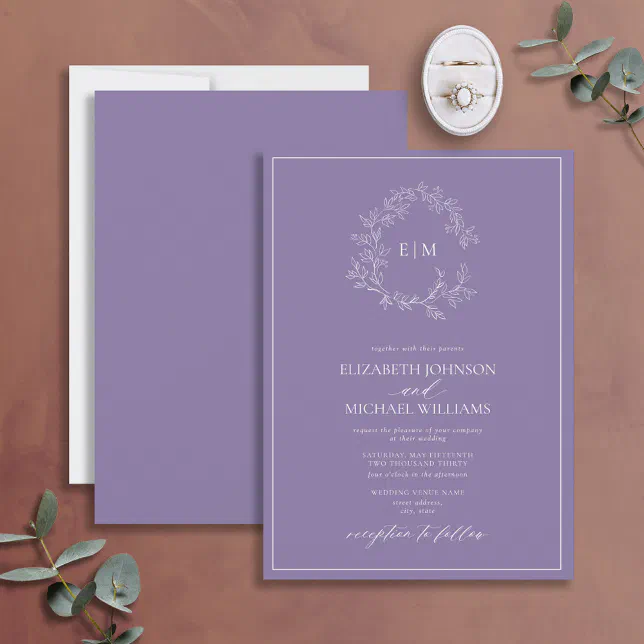 Modern Lilac Lavender Leafy Crest Monogram Wedding Invitation | Zazzle