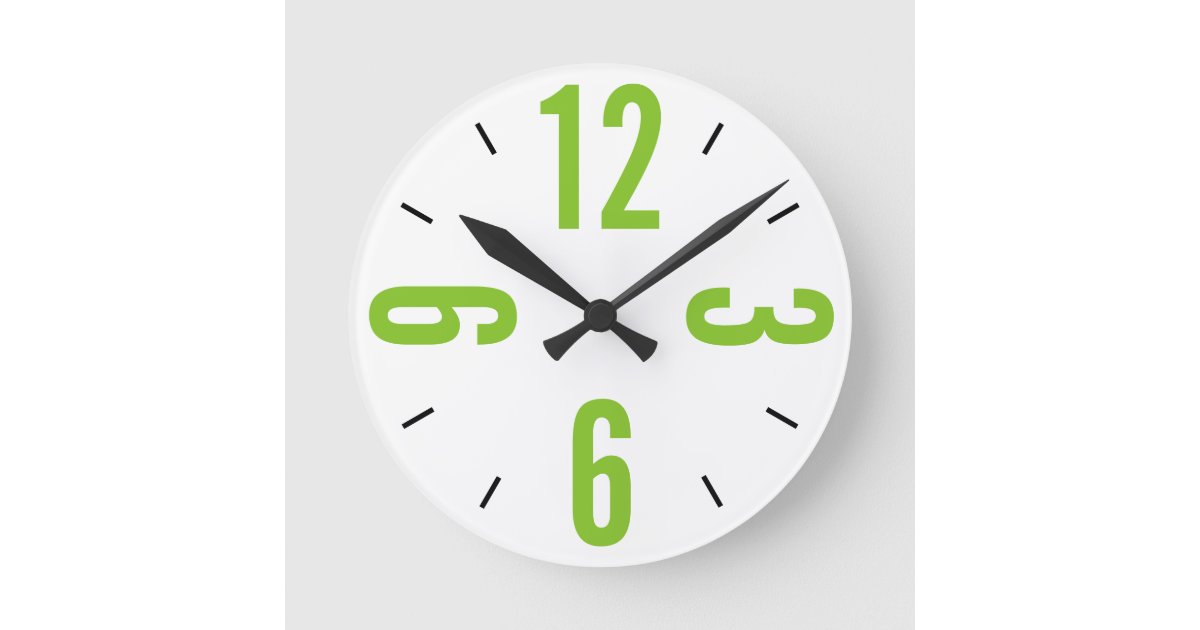 Modern lime green and black large numbers round clock | Zazzle