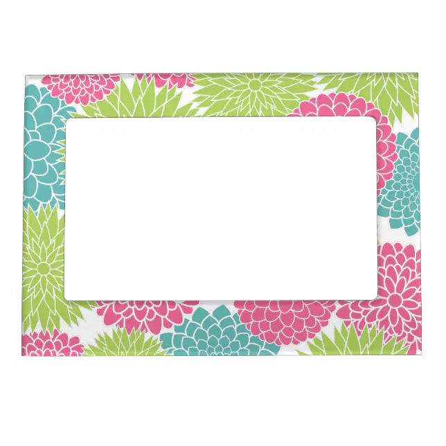 Modern Lime Green and Hot Pink Flowers Magnetic Picture Frame | Zazzle