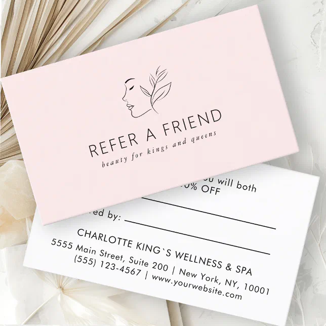 Modern, Line Art, Woman, Leafy, Salon, Light-Pink Referral Card | Zazzle