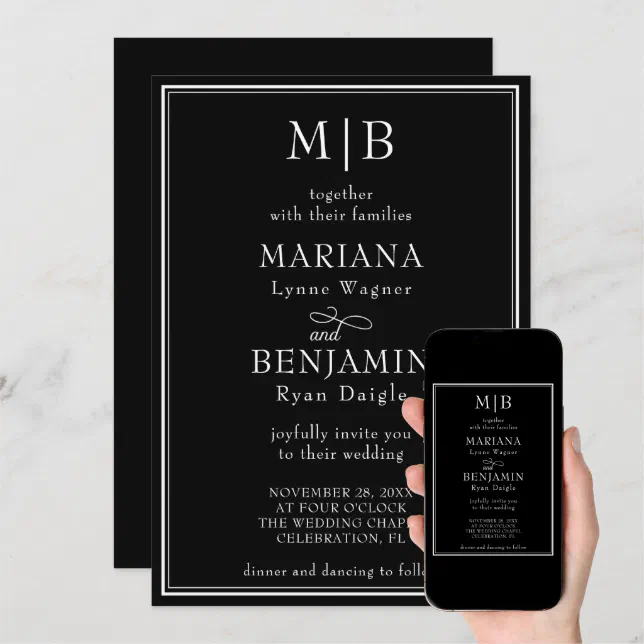 Modern Lined Border Minimalist Black Wedding Invitation | Zazzle