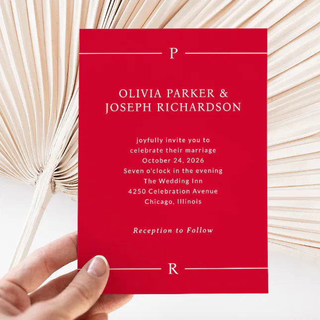 Modern Lines and Monogram | Cherry Red Wedding Invitation | Zazzle