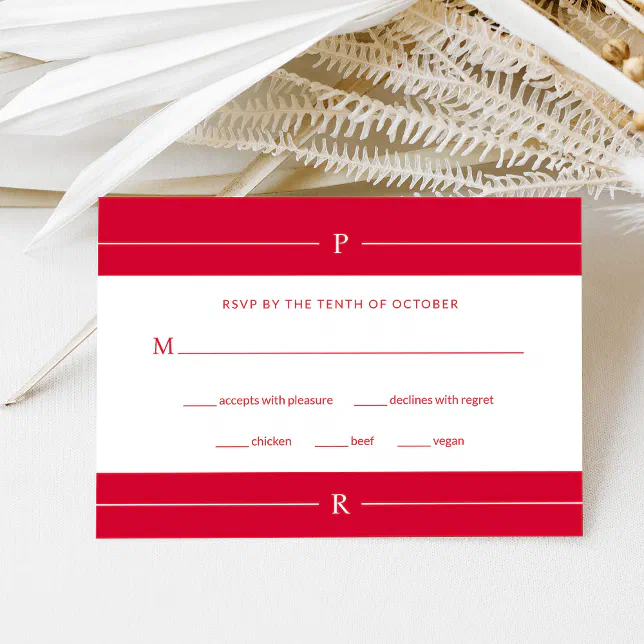 Modern Lines and Monogram | Cherry Red Wedding RSVP Card | Zazzle