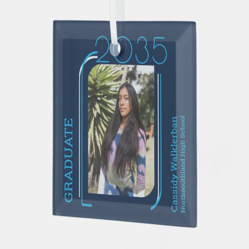 Modern Lines Blue Photo Graduation Glass Ornament | Zazzle