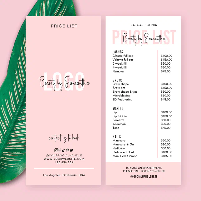 Modern Logo Blush Pink Lashes Beauty Price List Rack Card | Zazzle