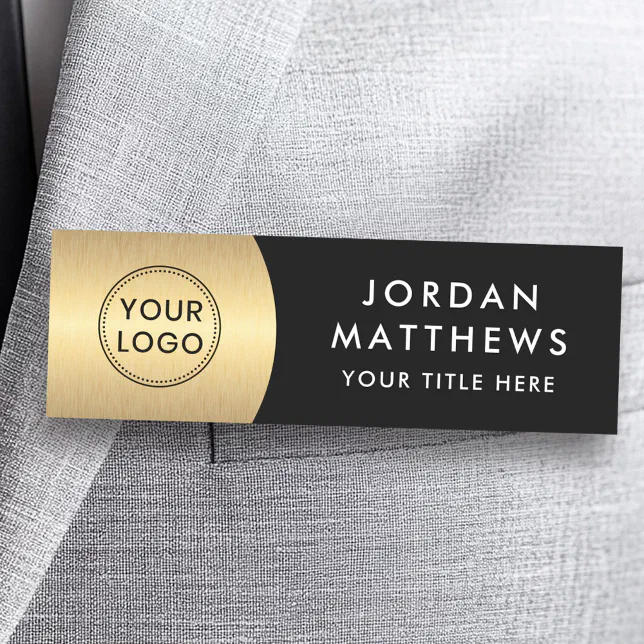 Modern logo, name and title golden gradient black name tag | Zazzle