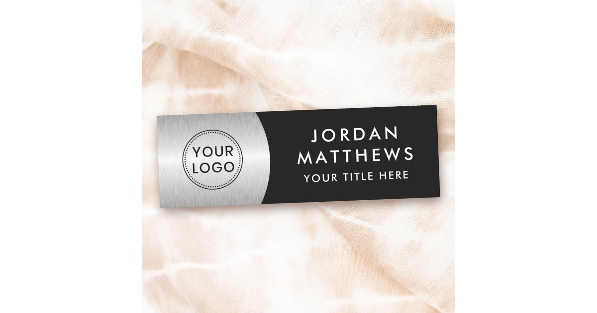 Modern logo, name and title silver gradient black name tag | Zazzle