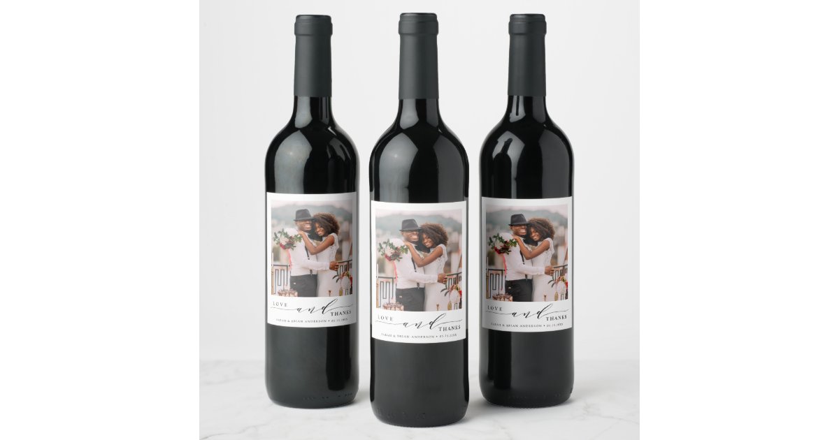 Modern Love and Thanks Wedding Photo Wine Label | Zazzle